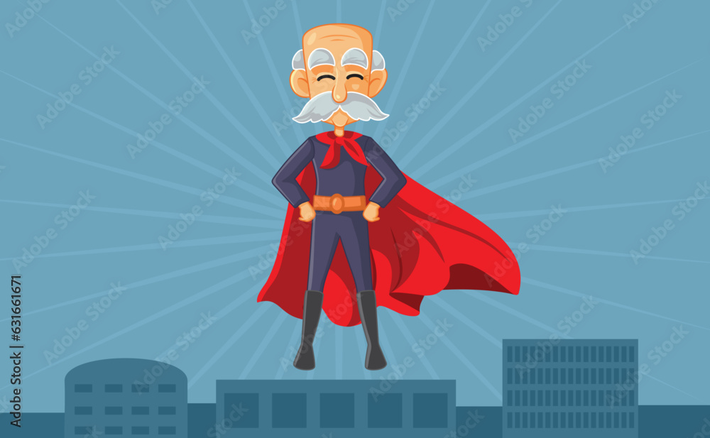 Senior Superhero Flying Over a Cityscape Vector Cartoon illustration ...