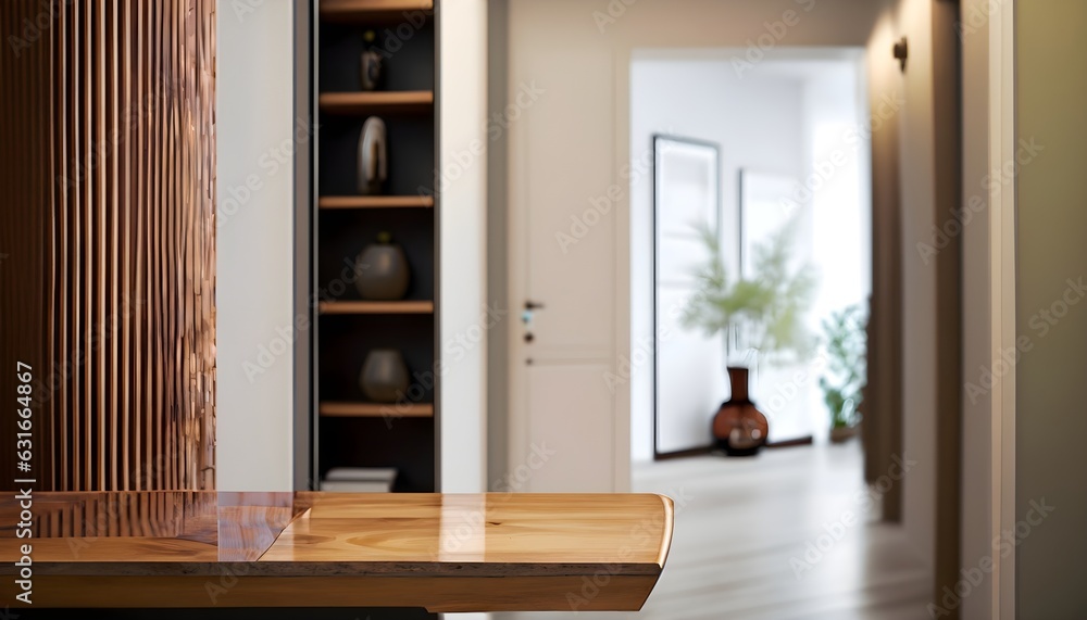interior of a room with window, A contemporary wood console table with ...