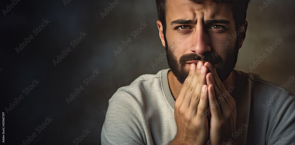 Sad man mourning on dark background. Sadness, grief and loss concept ...