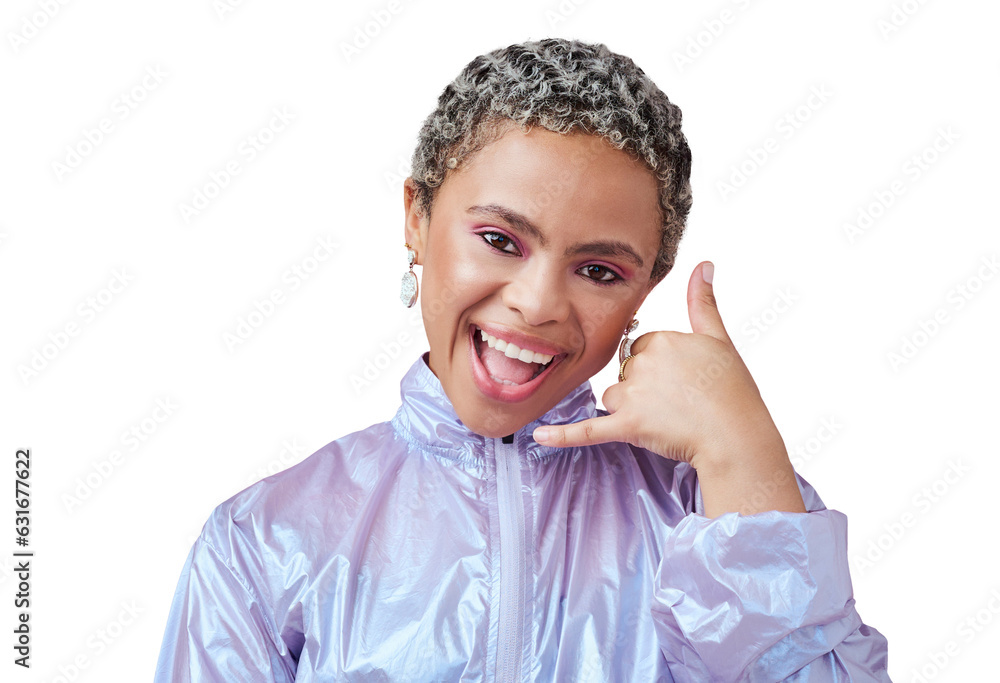 Hands, call me sign and portrait of woman with fashion, cool clothes or ...