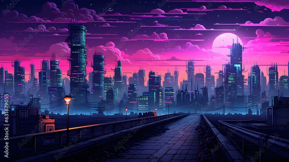 Photo & Art Print Synthwave City: Vibrant Neon Cyberpunk Pixel Art ...