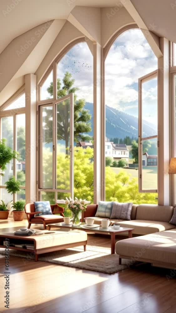 living room interior design with window view, seamless looping video ...