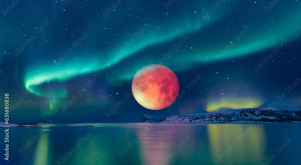 Northern lights - Aurora borealis in the sky with full red moon (lunar ...