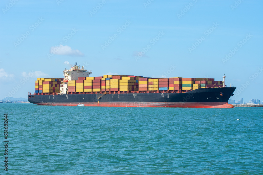 International Container ship loading, unloading at sea port, Freight ...