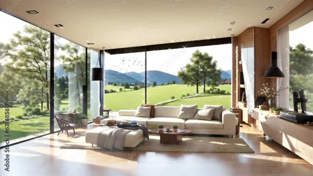 living room interior design with window view, seamless looping video ...