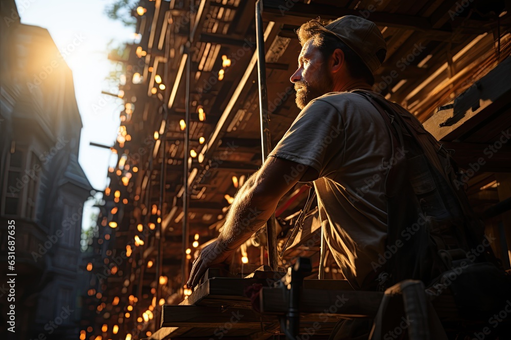 Construction worker wearing safety harness and safety line working on ...