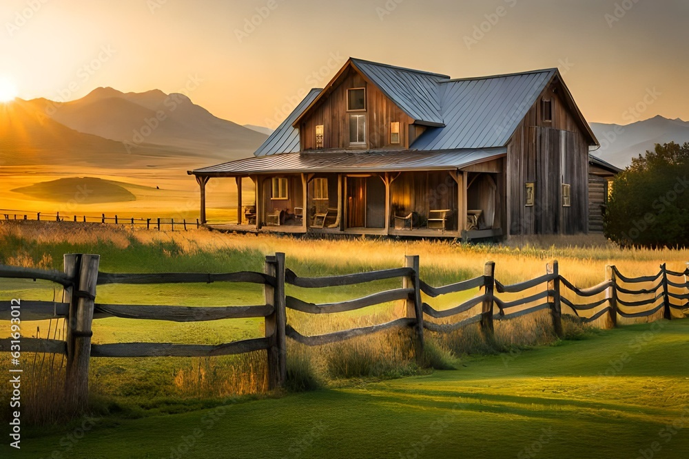 A rustic old farm house with a sprawling pasture on a horse ranch comes ...