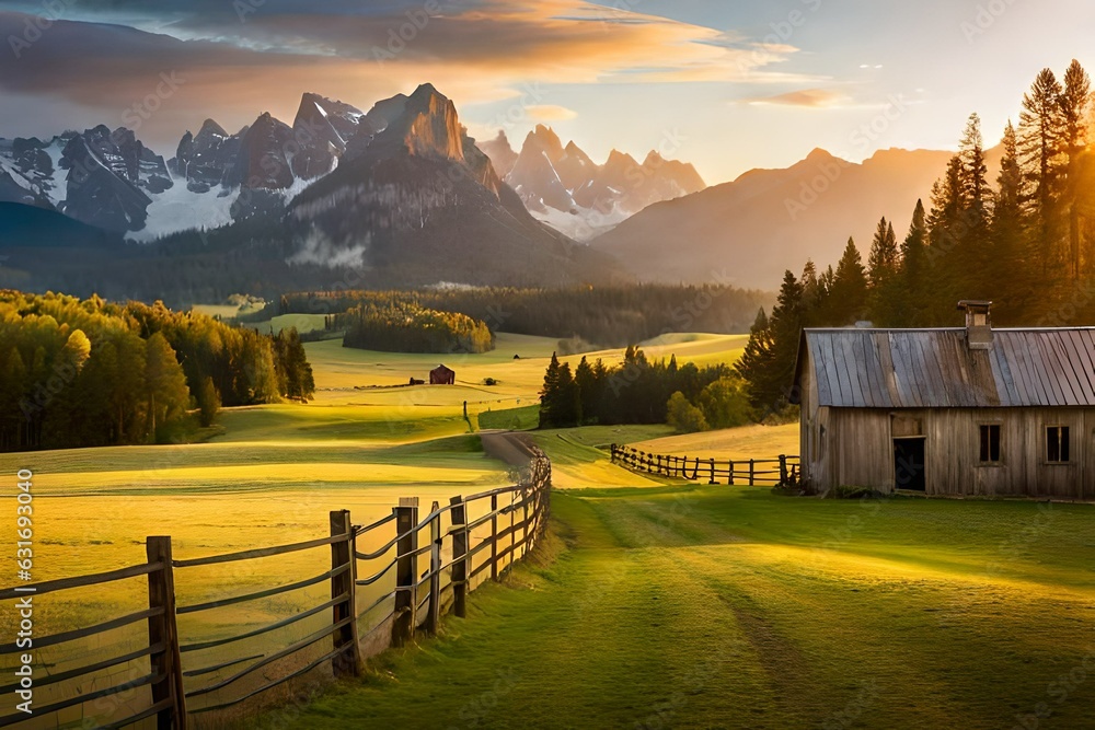 A rustic old farm house with a sprawling pasture on a horse ranch comes ...