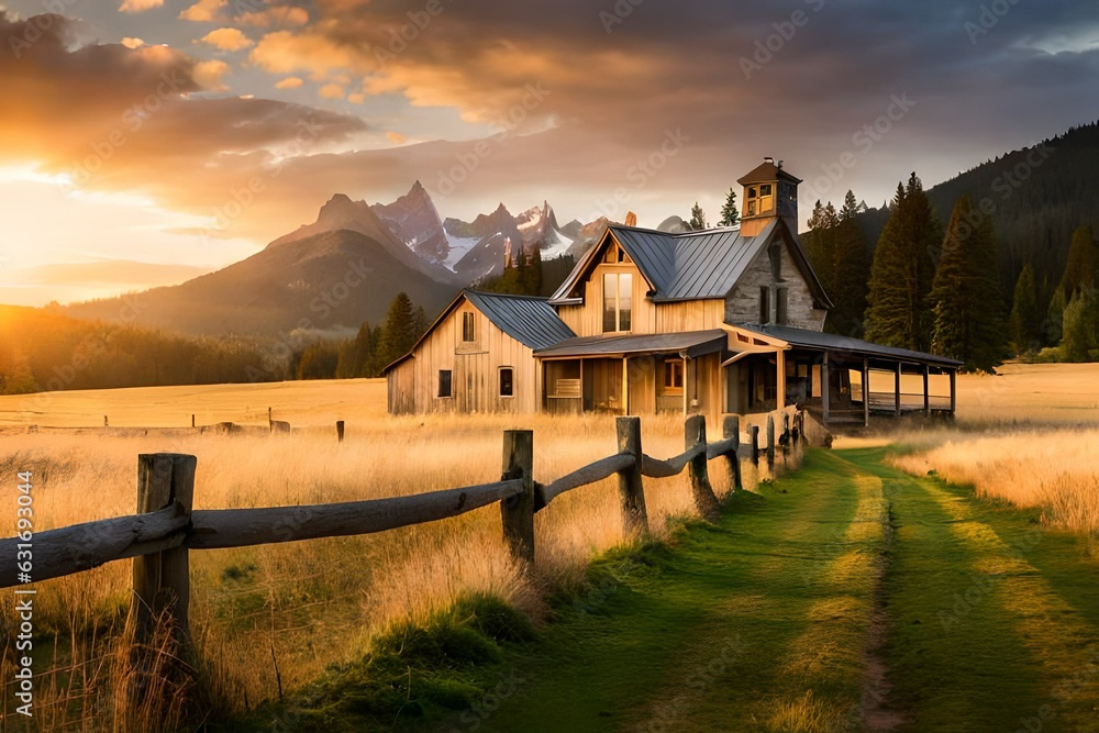 A rustic old farm house with a sprawling pasture on a horse ranch comes ...