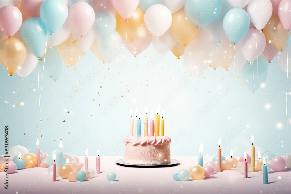 light pastel-colored birthday background with a cake and candles on the ...