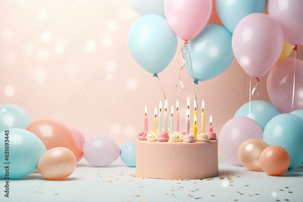 light pastel-colored birthday background with a cake and candles on the ...
