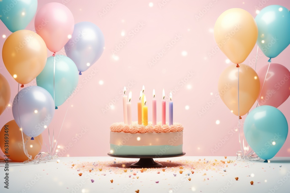 light pastel-colored birthday background with a cake and candles on the ...