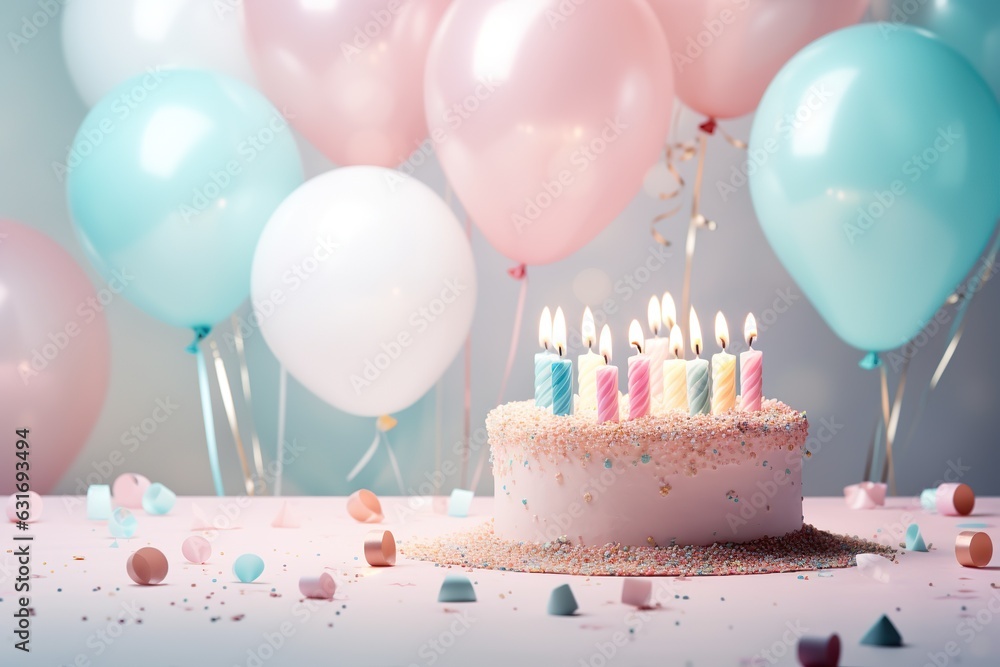 light pastel-colored birthday background with a cake and candles on the ...