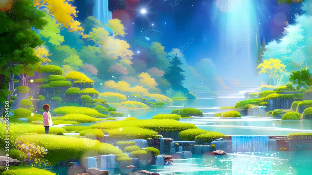 Fantasy night landscape dream at the green forest with sparkling river ...