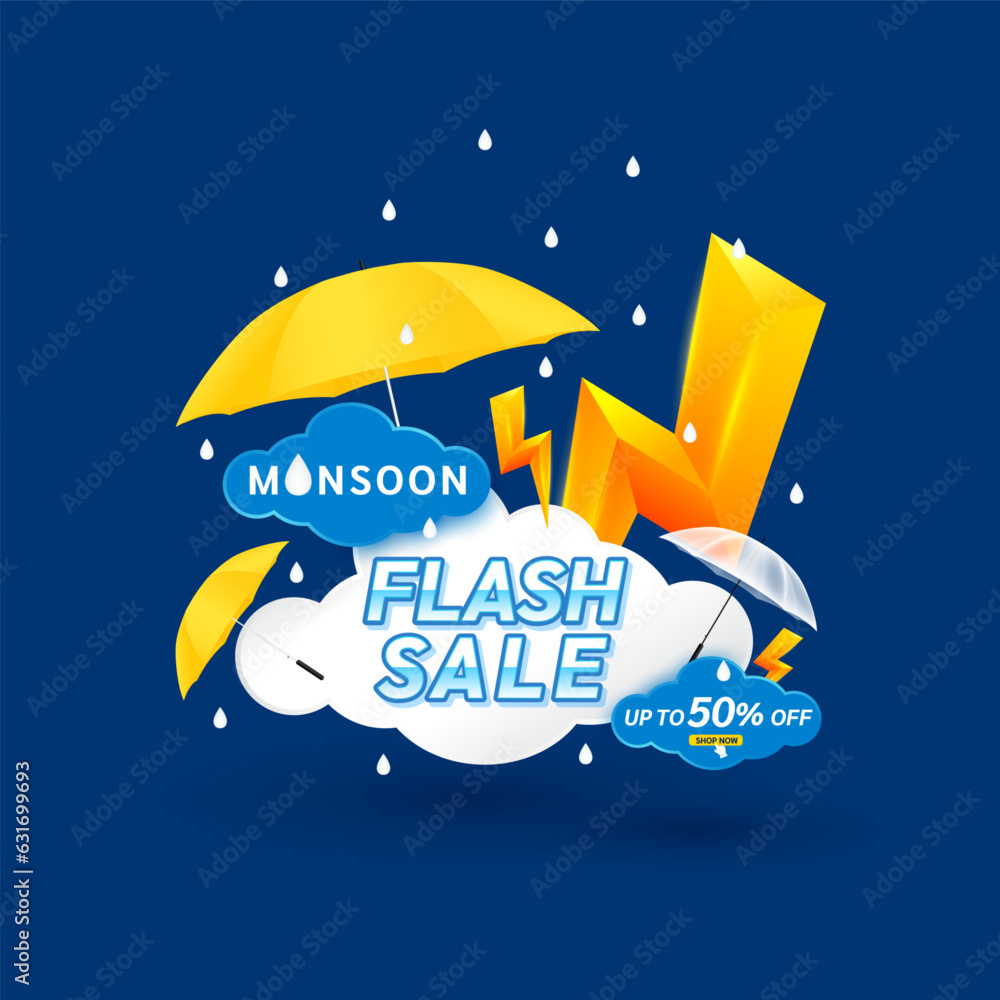 Monsoon flash sale 50 percent and yellow thunder sign on clouds ...