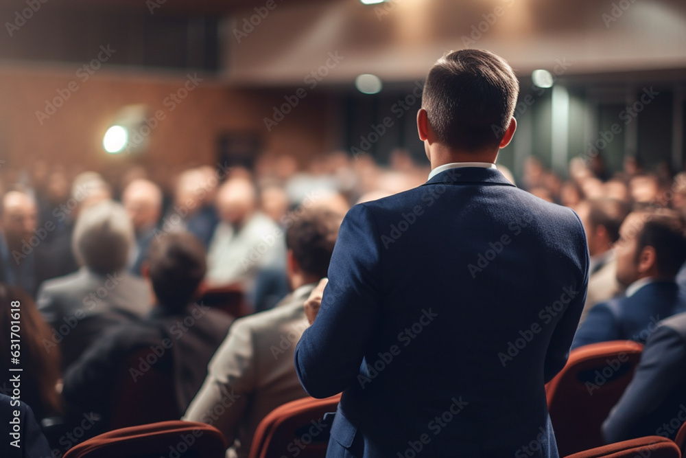 Speaker giving a talk in conference hall at business event, Rear view ...