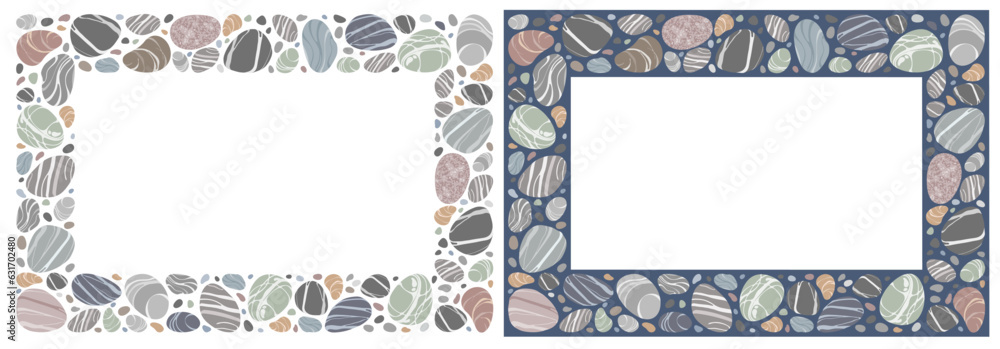 Set of rectangular frame with beach pebbles or sea stones in various ...