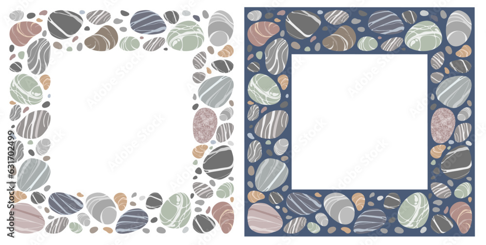 Set of square frame with beach pebbles or sea stones in various shapes ...