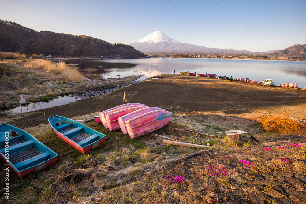Fujisan mountain reflection on water with boat morning sunrise ...