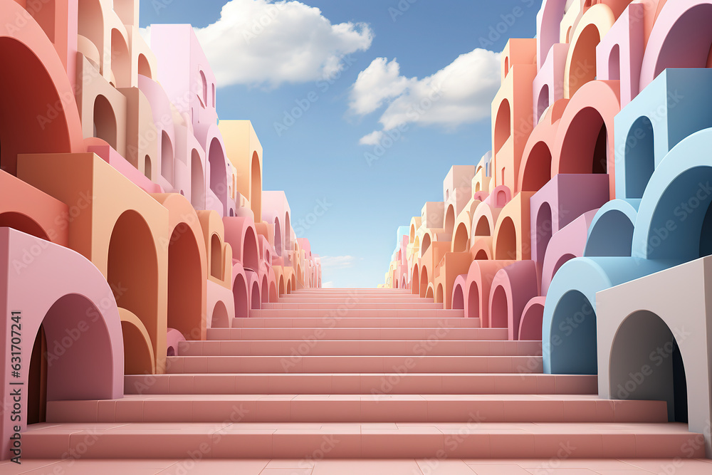 Architectural background of buildings with stairs and arches. Bright ...