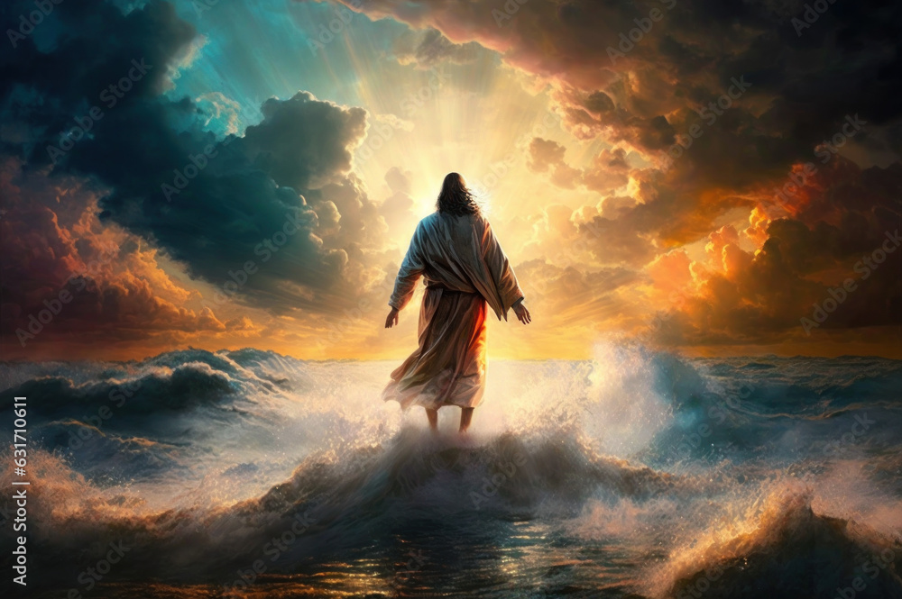The figure of Jesus walks on water on a beautiful dramatic sunset ...