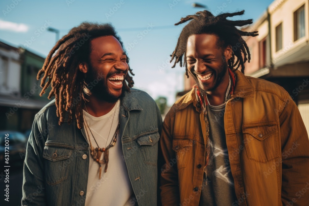 Foto de Two black men laughing outside with dreadlocks do Stock | Adobe ...