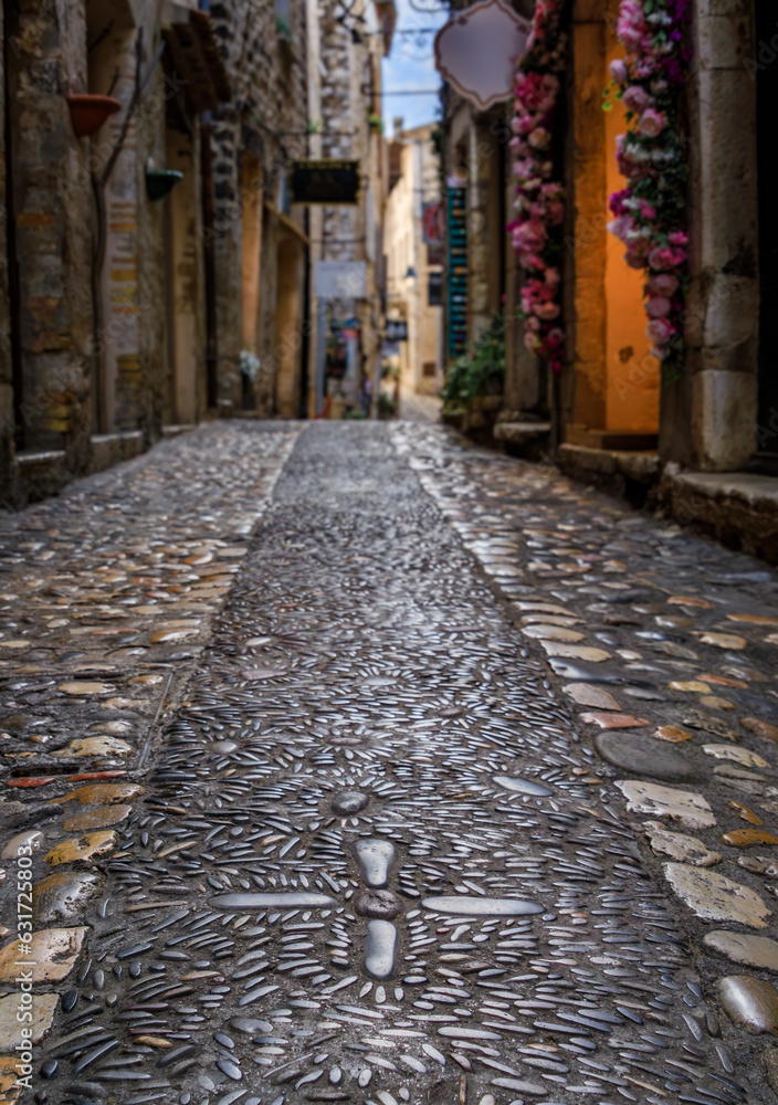 Ornate pebble mosaic street pavement between traditional houses on a ...