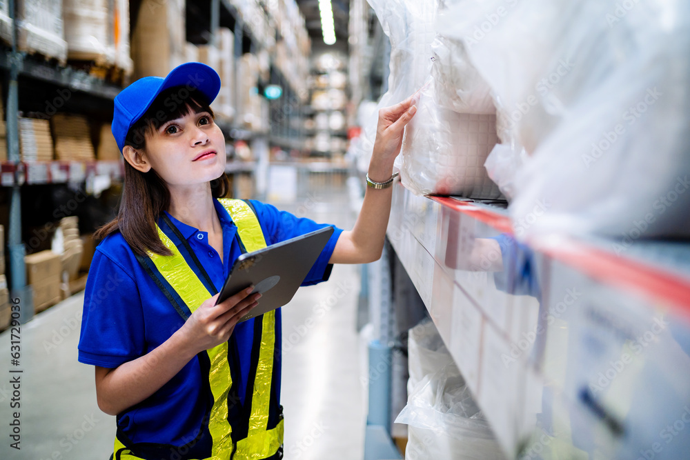 Female warehouse worker checking inventory items in a large ...