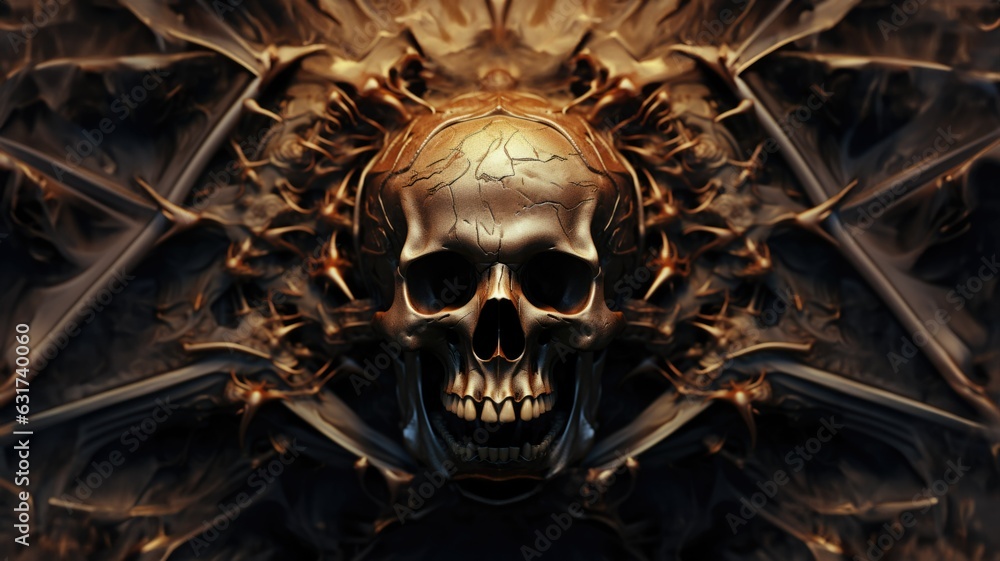 Metal bronze carving of a skeleton skull with a gold color shimmer ...