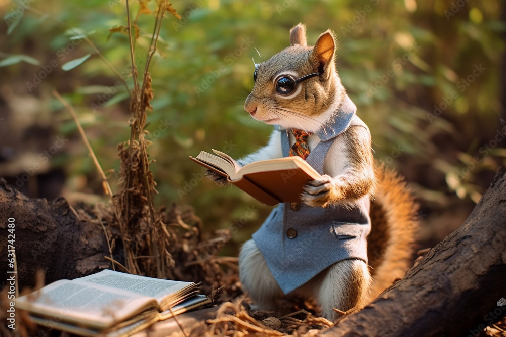 Discover the adorable sight of a cute, wise and smart squirrel engrossed in reading a book ...