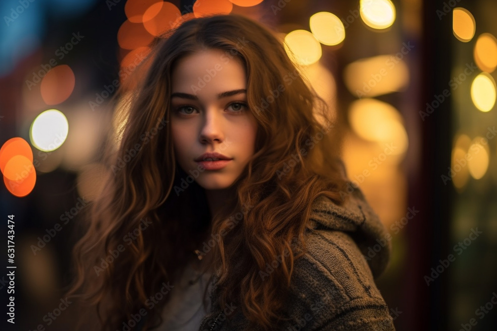 stressed teenager girl stands on the desolate street at night, her face ...