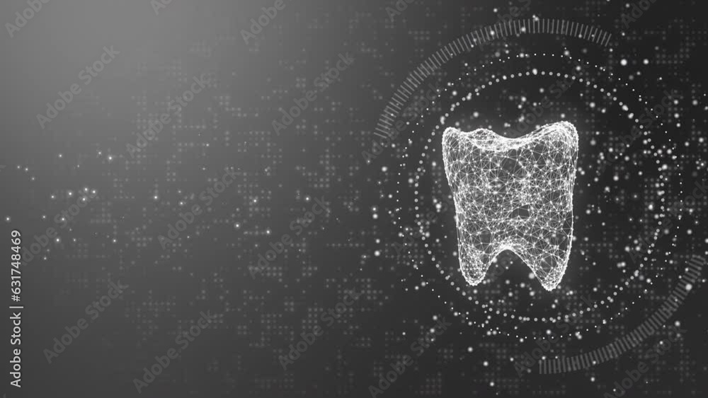 Abstract animation of holographic 3D image tooth on black background ...