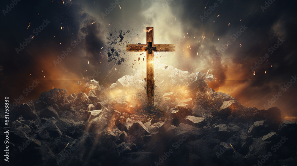 A poignant image of a Christian cross surrounded by elements of ...
