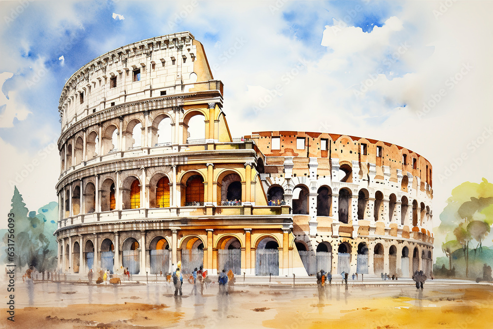 Roman Coliseum (Colosseum) simple watercolor. Exterior of the Rome ...