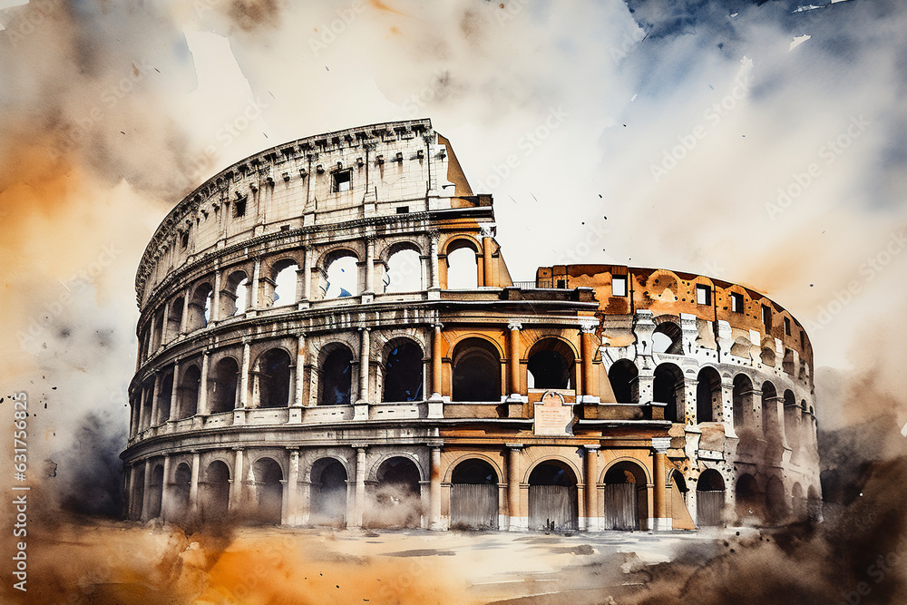 Roman Coliseum (Colosseum) simple watercolor. Exterior of the Rome ...