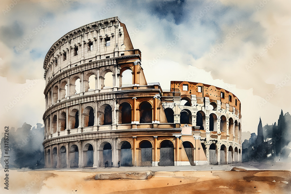 Roman Coliseum (Colosseum) simple watercolor. Exterior of the Rome ...