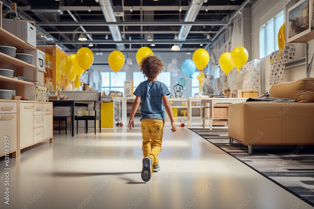 a child in yellow clothes running with his back turned through the ...