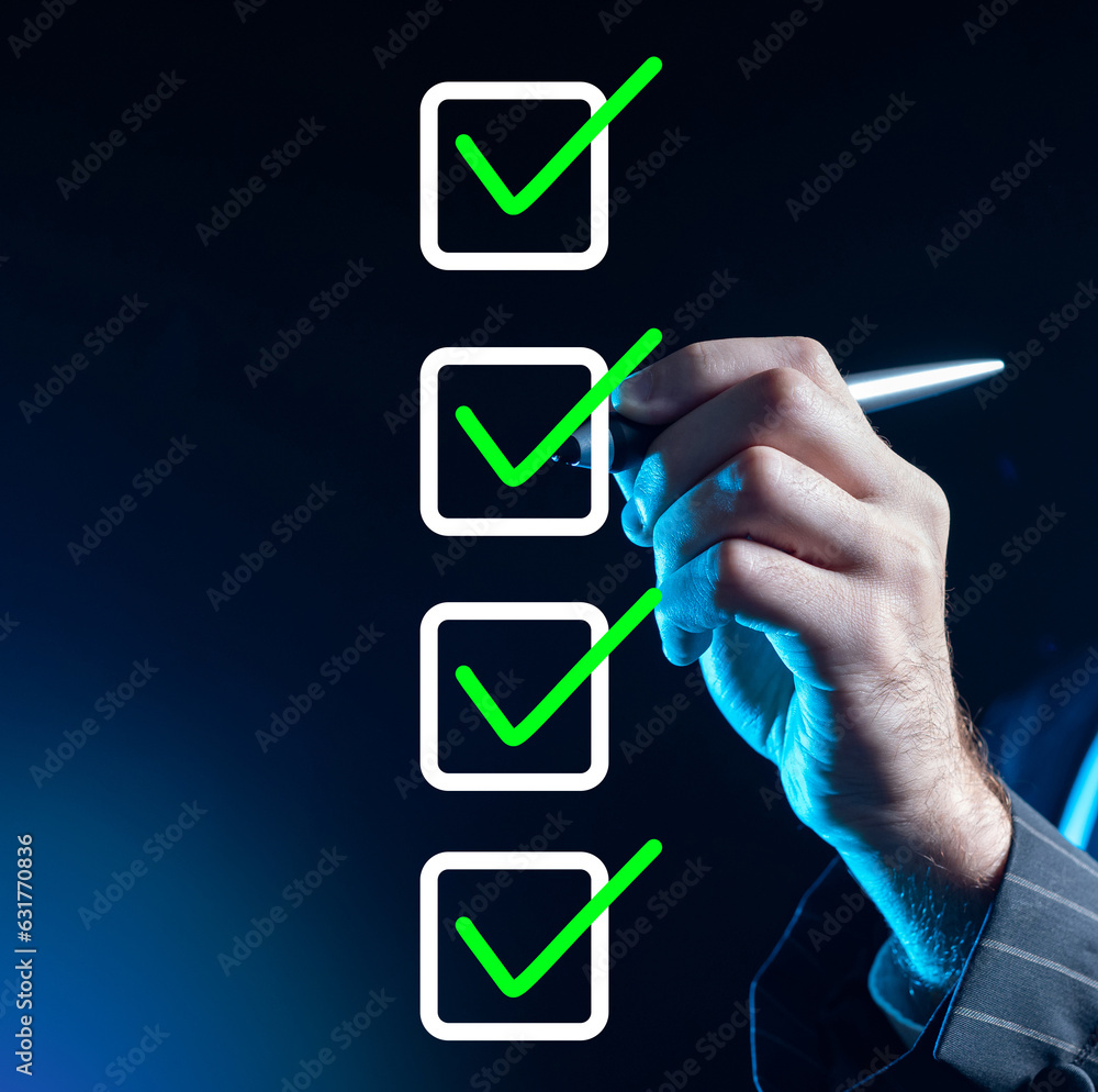 Checkbox on virtual screen. Businessman hand. Filling out questionnaire ...