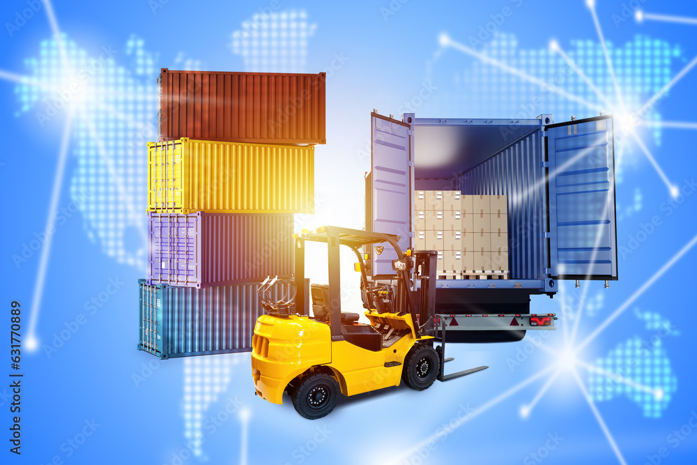 Logistic background. Transportation of goods. Truck on blue. Forklift ...