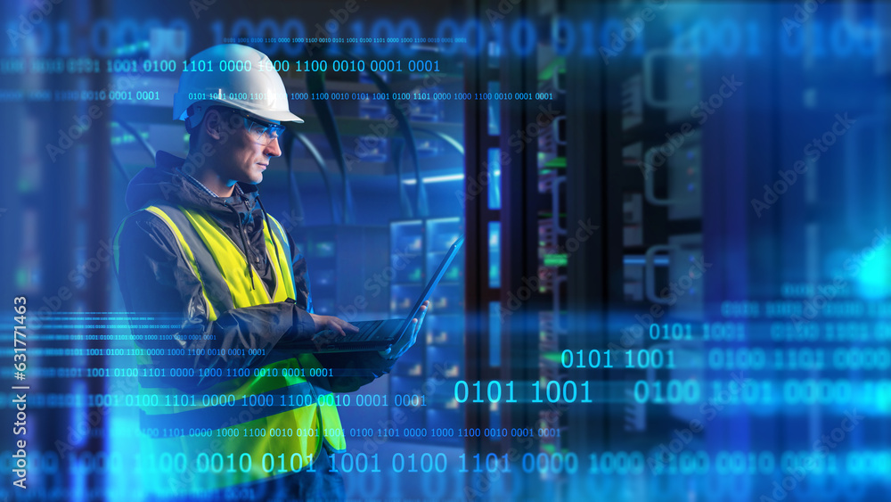 Foto de Engineer in server room. Man with laptop. Telecom business ...