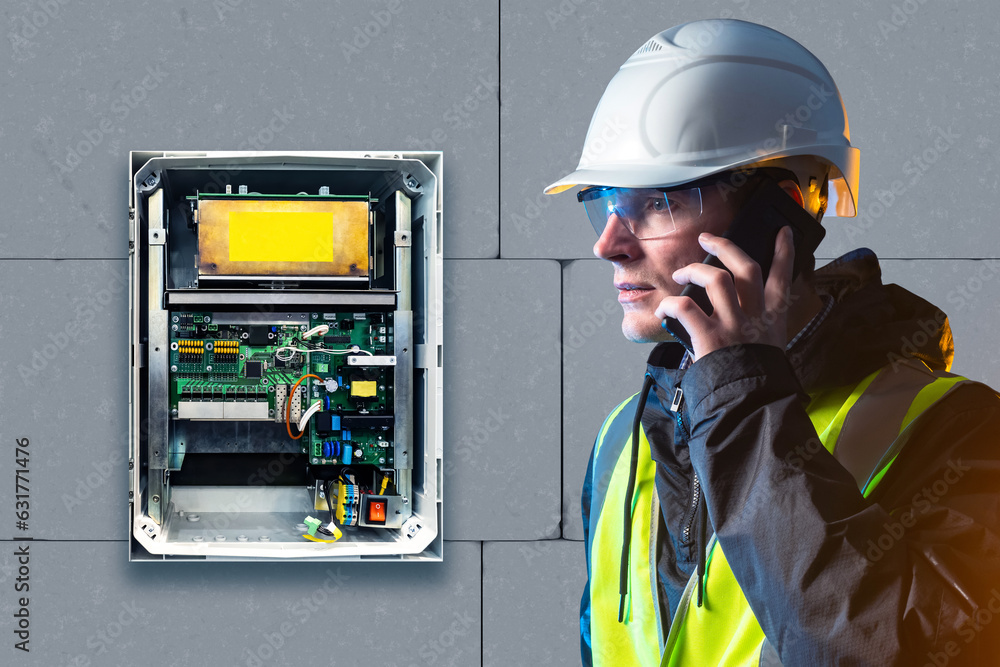 Male electrician. Engineer makes phone call. Electrical panel with ...