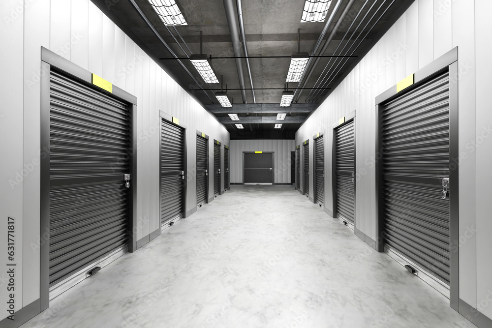 Warehouse background. Several self storage in row. Room with closed ...