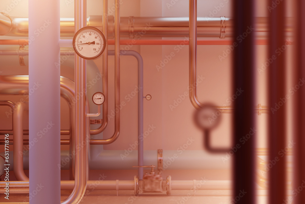 Pipes with manometers. Industrial backdrop. Boiler room in factory ...