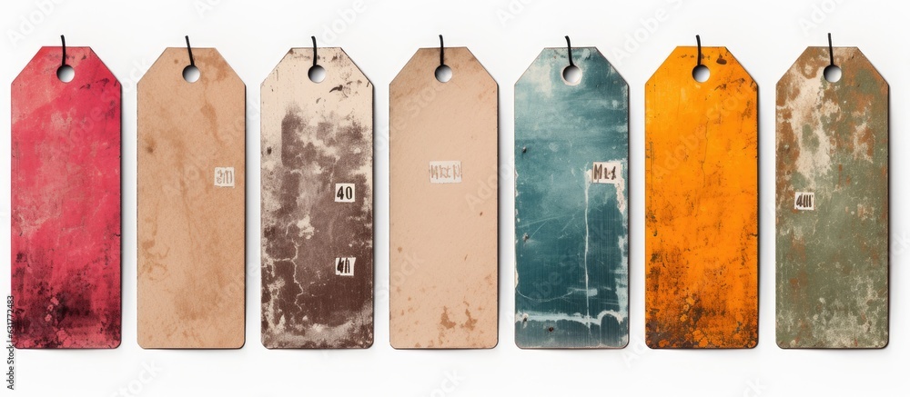 Set of blank and worn-out adhesive price stickers in various colors ...