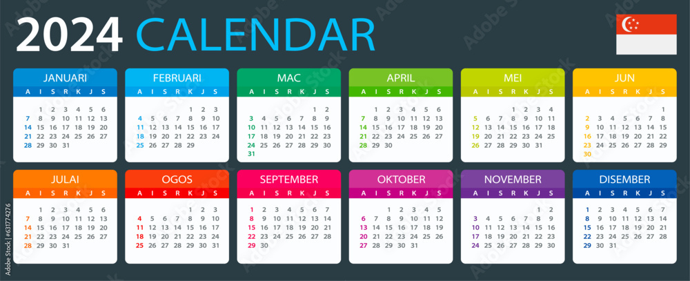 2024 Calendar - vector illustration, Singaporean version Stock Vector ...