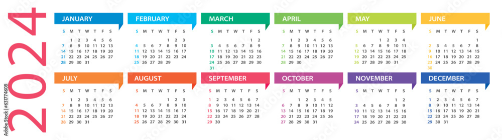 2024 year calendar - vector Illustration. Week starts on Sunday Stock ...