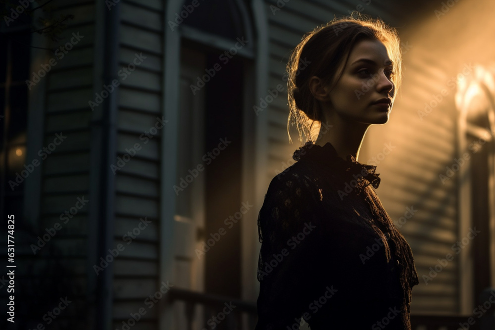 Side view of the Women staying near the dark house with warm light on ...