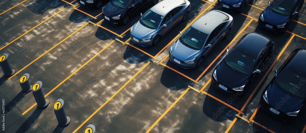 An aerial perspective from directly above shows rows of parking spaces ...