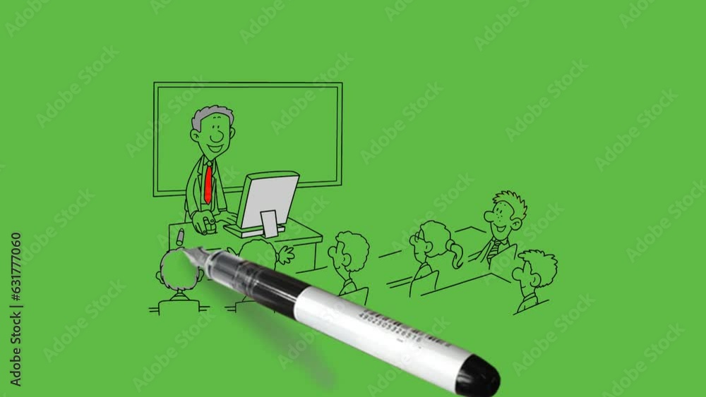 draw young professor stand with computer give lesson to six students ...