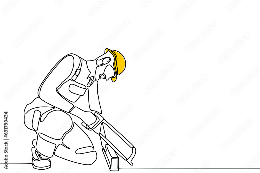 Single continuous line drawing of young construction worker. Building ...